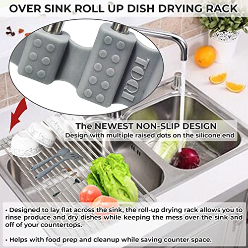 TOQI Roll Up Dish Drying Rack Over The Sink, 17.7" x 11.8" Multipurpose Rolling Dish Drainer, Foldable Roll-Up Sink Drying Rack Mat Stainless Steel Dish Rack for Kitchen Sink Counter