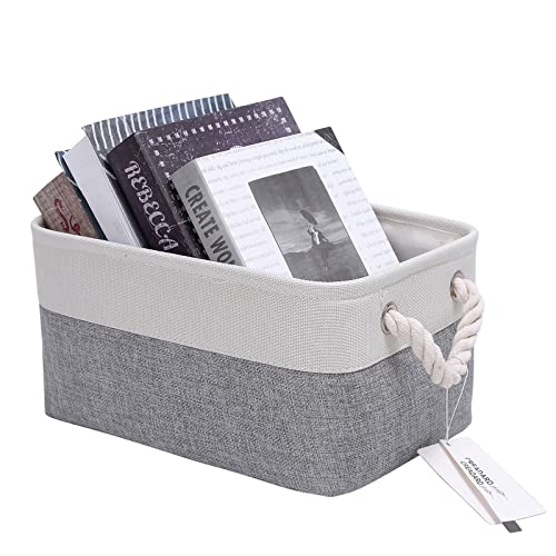 Fabric Storage Basket, Foldable Linen Storage Box for Nursery and Home, Collapsible Canvas Shelf Basket for Wardrobe or Bedroom, Grey and White