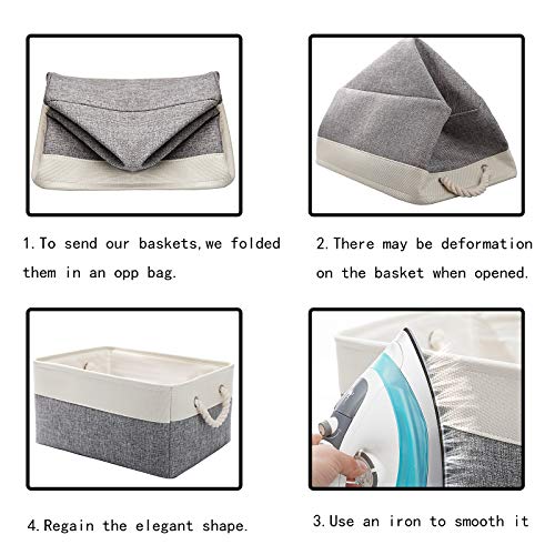 Fabric Storage Basket, Foldable Linen Storage Box for Nursery and Home, Collapsible Canvas Shelf Basket for Wardrobe or Bedroom, Grey and White