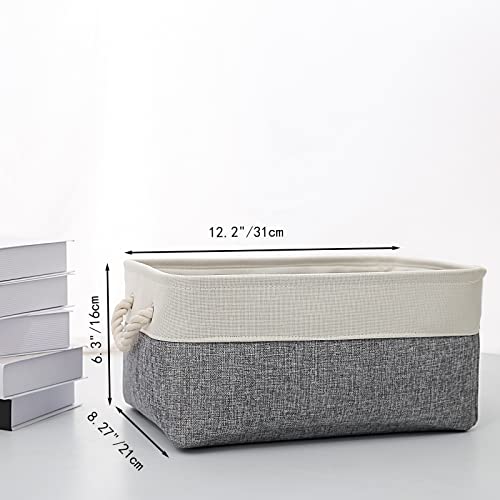 Fabric Storage Basket, Foldable Linen Storage Box for Nursery and Home, Collapsible Canvas Shelf Basket for Wardrobe or Bedroom, Grey and White