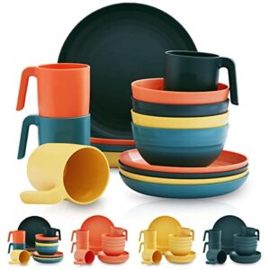 kyraton plastic dinnerware set of 16 pieces, unbreakable and reusable light weight plates mugs bowls dishes easy to carry and clean microwave safe bpa free dishwasher safe service for 4 (mutil color)