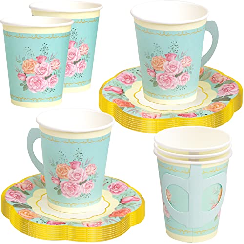 ceiba tree Tea Party Decorations Paper Tea Cups with Handles and Saucers Disposable Floral Birthday Supplies Favors 24 Sets