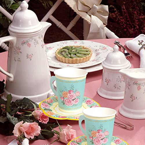 ceiba tree Tea Party Decorations Paper Tea Cups with Handles and Saucers Disposable Floral Birthday Supplies Favors 24 Sets