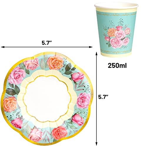 ceiba tree Tea Party Decorations Paper Tea Cups with Handles and Saucers Disposable Floral Birthday Supplies Favors 24 Sets