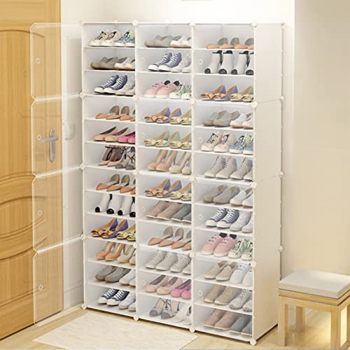 DNYSYSJ Shoe Rack Organizer, 12-Tiers Stackable 72 Pairs DIY Plastic White Shoe Rack with Covers, Clear Shoe Boxes Stackable Slipper Organizer, Durable Modular Shoes Organizer Expandable