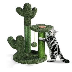 t2y cat scratching post - cactus cat scratcher tower with 3 scratch post and dangling bell ball, full wrapped premium natural sisal scratching post for indoor cats - medium