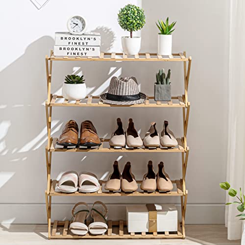 ALEAVIC Bamboo Shoe Rack, Foldable Shoe Rack, 5-Tier Installation-Free Shoe Rack, Multifunctional Freestanding Shoe Rack for Closet, Entryway, Living Room, Bedroom, Natural Color