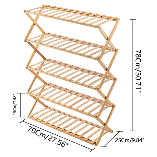 ALEAVIC Bamboo Shoe Rack, Foldable Shoe Rack, 5-Tier Installation-Free Shoe Rack, Multifunctional Freestanding Shoe Rack for Closet, Entryway, Living Room, Bedroom, Natural Color