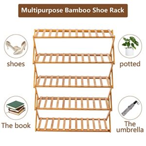 ALEAVIC Bamboo Shoe Rack, Foldable Shoe Rack, 5-Tier Installation-Free Shoe Rack, Multifunctional Freestanding Shoe Rack for Closet, Entryway, Living Room, Bedroom, Natural Color