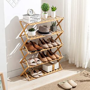 ALEAVIC Bamboo Shoe Rack, Foldable Shoe Rack, 5-Tier Installation-Free Shoe Rack, Multifunctional Freestanding Shoe Rack for Closet, Entryway, Living Room, Bedroom, Natural Color