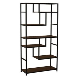 household essentials jamestown tall 6 shelf open storage bookshelf mid century walnut wood grain and black metal