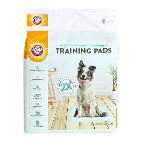 Arm & Hammer Green Tea Pet Training Pads | 8-Ct Dog Training Pads with Super Absorbing Green Tea Baking Soda for 2X The Odor Control | Leakproof & Recycled Training Pads for Dogs