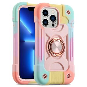 markill compatible with iphone 13 pro max case 6.7 inch with ring stand, heavy-duty military grade shockproof phone cover with magnetic car mount for iphone 13 pro max. (rainbow pink)