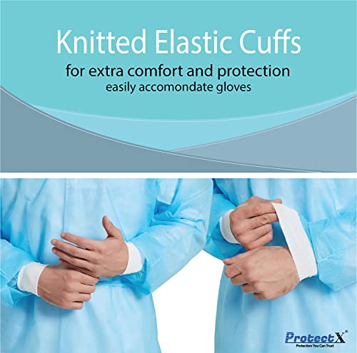 ProtectX (Blue 10 Pack Disposable Breathable Polypropylene Isolation Gown with Elastic Knit Cuffs, Covered Back, Extra-Long Double Ties, Universal Size