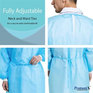 ProtectX (Blue 10 Pack Disposable Breathable Polypropylene Isolation Gown with Elastic Knit Cuffs, Covered Back, Extra-Long Double Ties, Universal Size