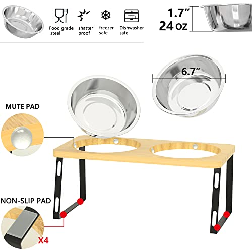 UQNAL Elevated Dog Bowls Stand Bamboo Raised Dog Bowl with 15° Stand Tilted for Medium and Small Dog Water Bowl with 4 Stainless Steel Bowl and Anti Slip feet