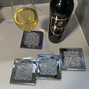 Diamond Glass Coasters for Coffee Table - Crystal Coasters for Drinks, Cup Coaster Set Silver Decor for Bar and Home Parties (4x4 inch, Square Silver)