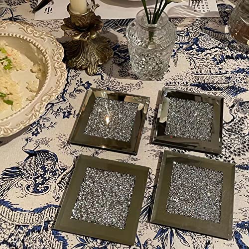 Diamond Glass Coasters for Coffee Table - Crystal Coasters for Drinks, Cup Coaster Set Silver Decor for Bar and Home Parties (4x4 inch, Square Silver)