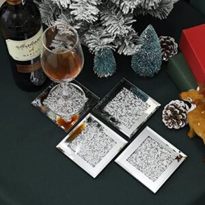 Diamond Glass Coasters for Coffee Table - Crystal Coasters for Drinks, Cup Coaster Set Silver Decor for Bar and Home Parties (4x4 inch, Square Silver)