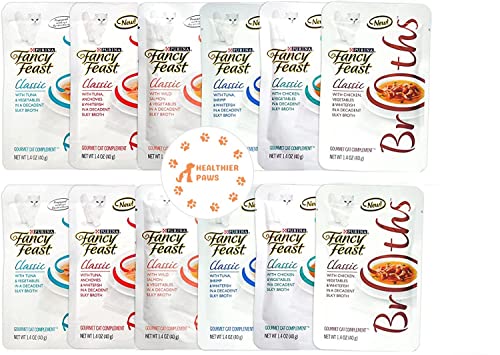 Healthier Paws Fancy Feast Gourmet Broths Variety Pack for Cats - 6 Classic Flavors, 1.4 Oz Each (12 Total Pouches) Sticker