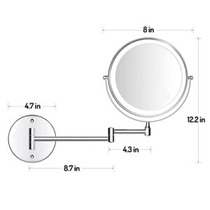 Rocollos Rechargeable Wall Mounted Lighted Makeup Mirror Chrome, 8 Inch Double-Sided LED Vanity Mirror 1X/10X Magnification,3 Color Lights Touch Screen Dimmable 360°Swivel 13 Inch Extendable