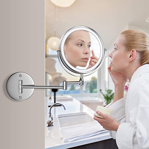 Rocollos Rechargeable Wall Mounted Lighted Makeup Mirror Chrome, 8 Inch Double-Sided LED Vanity Mirror 1X/10X Magnification,3 Color Lights Touch Screen Dimmable 360°Swivel 13 Inch Extendable