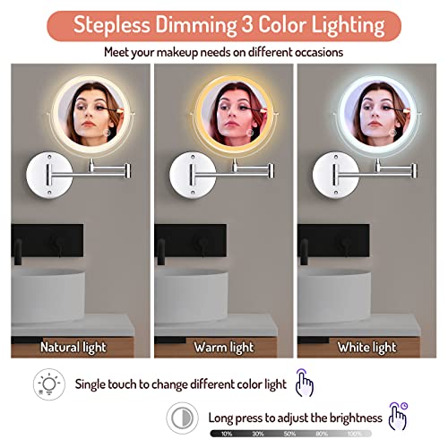 Rocollos Rechargeable Wall Mounted Lighted Makeup Mirror Chrome, 8 Inch Double-Sided LED Vanity Mirror 1X/10X Magnification,3 Color Lights Touch Screen Dimmable 360°Swivel 13 Inch Extendable