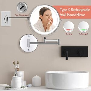 Rocollos Rechargeable Wall Mounted Lighted Makeup Mirror Chrome, 8 Inch Double-Sided LED Vanity Mirror 1X/10X Magnification,3 Color Lights Touch Screen Dimmable 360°Swivel 13 Inch Extendable