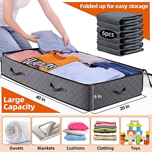 KONIGEEHRE 6 Pack Underbed Storage Bags, Foldable Under Bed Container Bins Organizer for Clothes, Linen, Blanket, Sweater, Duvet, Shoes with Clear Window and 4 Handles, 40x20x6 in