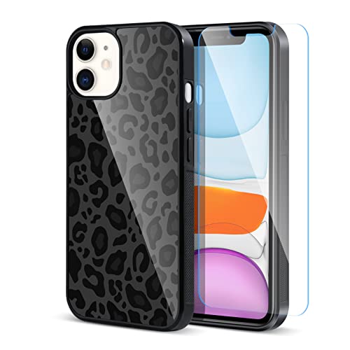 TEAUGHT Compatible with iPhone 11 Case 6.1 inch, Cute Pattern Black Leopard + Screen Protector Tire Shockproof Cover, Designed for iPhone 11 Case for Girls Women