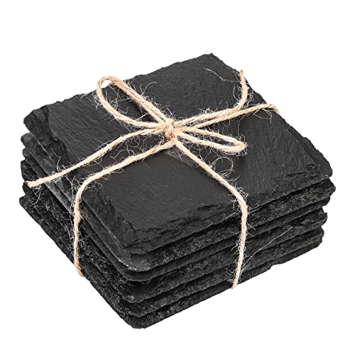 Set of 6 Coasters Slate Coasters with Hemp Rope Drink Coasters Black Stone