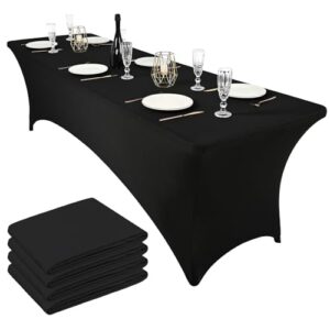 lykoow 4 packs 8ft stretch spandex table cover for standard folding tables - universal rectangular tight elastic fitted tablecloth protector for wedding, banquet and party （black）