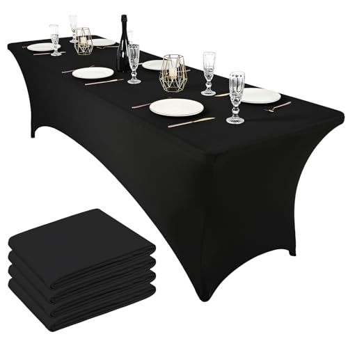 Lykoow 4 Packs 8Ft Stretch Spandex Table Cover for Standard Folding Tables - Universal Rectangular Tight Elastic Fitted Tablecloth Protector for Wedding, Banquet and Party （Black）