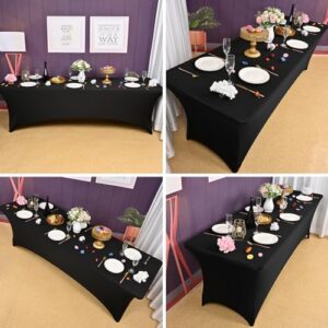 Lykoow 4 Packs 8Ft Stretch Spandex Table Cover for Standard Folding Tables - Universal Rectangular Tight Elastic Fitted Tablecloth Protector for Wedding, Banquet and Party （Black）