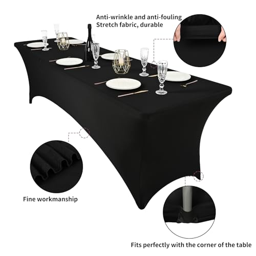 Lykoow 4 Packs 8Ft Stretch Spandex Table Cover for Standard Folding Tables - Universal Rectangular Tight Elastic Fitted Tablecloth Protector for Wedding, Banquet and Party （Black）