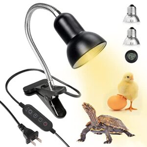 50w timeable reptile heat lamp, set of 2 bulbs and 1 hygrometer, basking spot lamp with 360°rotatable arm & heavy-duty clamp for for lizard turtle snake amphibian