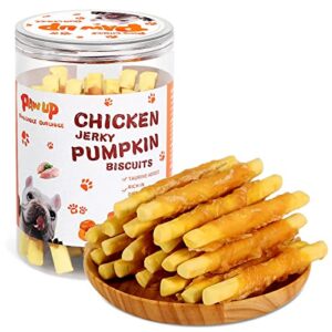 pawup dog treats chicken wrapped biscuits pumpkin sticks, rawhide free soft chewy w/taurine, dog training treats,12.5oz