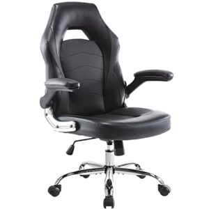 office chair, gaming chair ergonomic desk chair computer chair pu leather executive swivel chair with flip-up armrests and lumbar support for working, studying, gaming, black