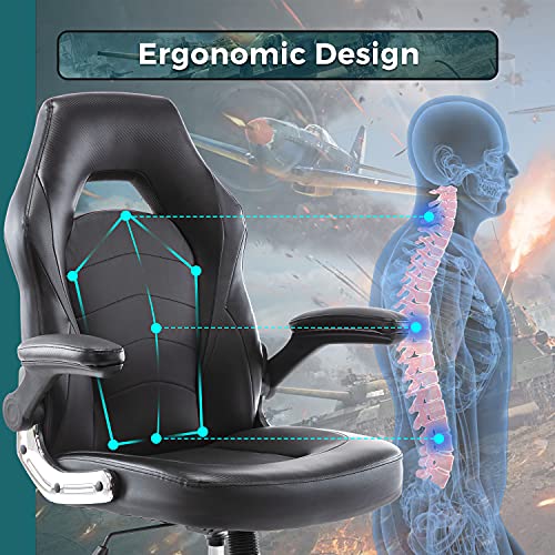 Office Chair, Gaming Chair Ergonomic Desk Chair Computer Chair PU Leather Executive Swivel Chair with Flip-up Armrests and Lumbar Support for Working, Studying, Gaming, Black