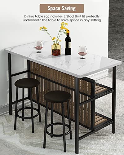 AWQM 3 Piece Bar Table Set,Kitchen Island Table with Storage and Seating Counter Bar Table Table and Chairs Set with Shelves,Faux Marble Dining Table Set for 2,Kitchen Table Set for Small Space,White