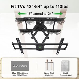 USX MOUNT Full Motion TV Wall Mount 42"-84" TVS, Fits 16" 18" or 24" Studs, Heavy Duty TV Mounts Bracket with Dual Articulating Arms Tilt Swivel Extension Max VESA 600x400mm, Weight Capacity 110lbs