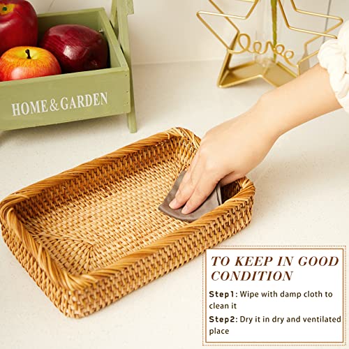 2 Pieces Rattan Toilet Tank Baskets, Handwoven Bathroom Sink Vanity Tray Decor for Counter, Rectangular Wicker Storage Basket Small Serving Trays for Toilet Paper, Towel, Napkin, Bread Organizing