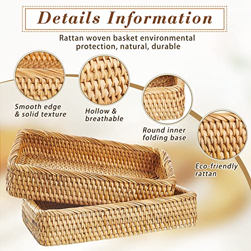 2 Pieces Rattan Toilet Tank Baskets, Handwoven Bathroom Sink Vanity Tray Decor for Counter, Rectangular Wicker Storage Basket Small Serving Trays for Toilet Paper, Towel, Napkin, Bread Organizing