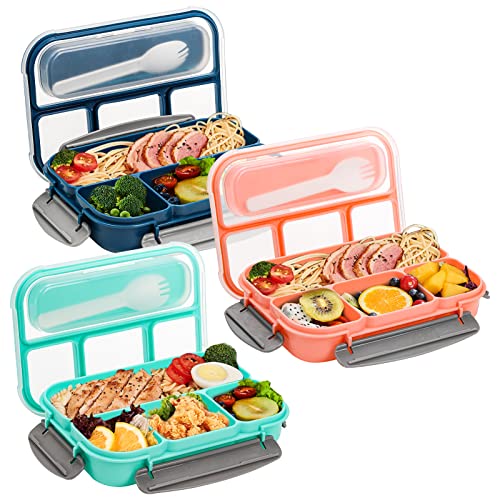 Okllen 3 Pack Bento Lunch Boxes with Spoon and 4 Compartment, Plastic Meal Prep Containers with Lids, Leakproof Food Storage Snack Container for Adults, Work, Home, 3 Colors