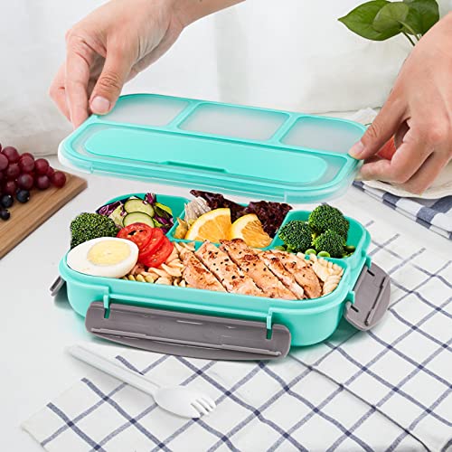 Okllen 3 Pack Bento Lunch Boxes with Spoon and 4 Compartment, Plastic Meal Prep Containers with Lids, Leakproof Food Storage Snack Container for Adults, Work, Home, 3 Colors