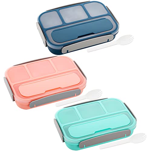 Okllen 3 Pack Bento Lunch Boxes with Spoon and 4 Compartment, Plastic Meal Prep Containers with Lids, Leakproof Food Storage Snack Container for Adults, Work, Home, 3 Colors