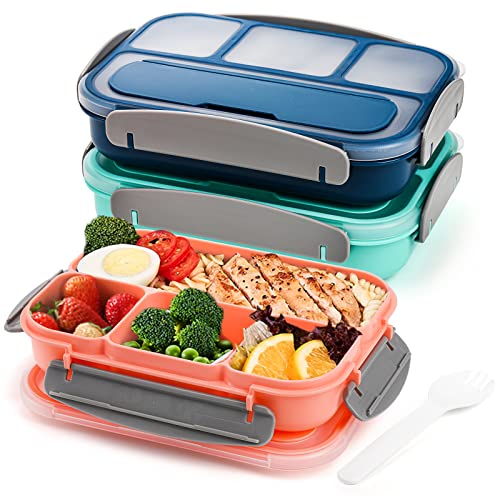 Okllen 3 Pack Bento Lunch Boxes with Spoon and 4 Compartment, Plastic Meal Prep Containers with Lids, Leakproof Food Storage Snack Container for Adults, Work, Home, 3 Colors