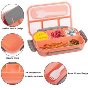 Okllen 3 Pack Bento Lunch Boxes with Spoon and 4 Compartment, Plastic Meal Prep Containers with Lids, Leakproof Food Storage Snack Container for Adults, Work, Home, 3 Colors