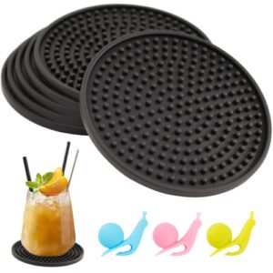 coasters for drinks, silicone coasters 6 set non-slip cup coasters, heat resistant cup mate fits any size of drinking glasses, soft coaster for tabletope protection, furniture from damage (black)