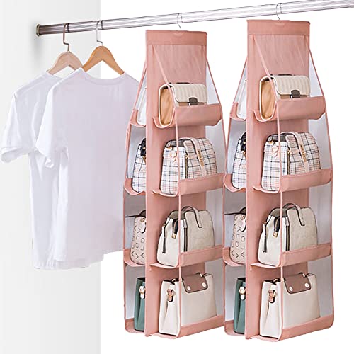 Wisdomcreate 2pcs 8 Pockets Hanging Purse Handbag Organizer Clear Hanging Shelf Bag Collection Storage (Pink*2)